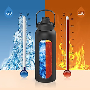 Kodrine Glass Water Bottles with Straw, 24oz Water Bottle with 2 Lids - Handle Spout Lid & Bamboo Straw Lid, Motivational Water Bottle with Silicone Sleeve, Wide Mouth, Leakproof, BPA Free(Black)