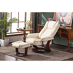 MCombo Recliner with Ottoman Chair Accent Recliner Chair with Vibration Massage, Removable Lumbar Pillow, 360 Degree Swivel Wood Base, Faux Leather 9096 (Cream White)