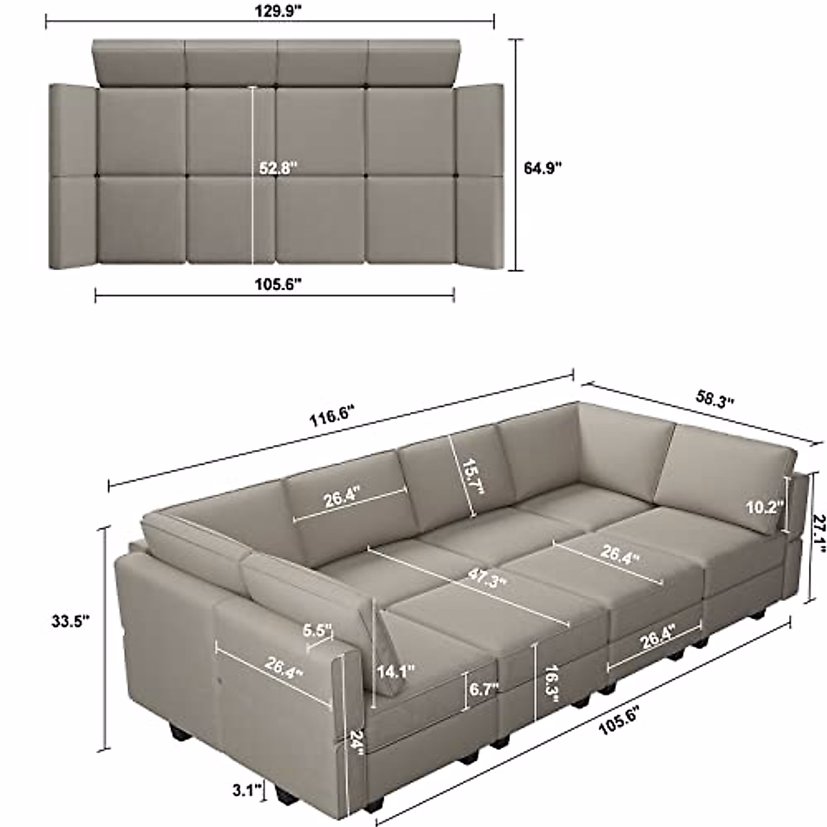 Belffin Modular Sectional Sofa with Storage Chaises Sleeper Couch 8 Seat Bed Grey…