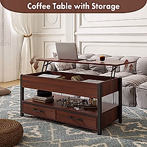 Winkalon Coffee Table, Lift Top Coffee Table with Storage Shelf and Pop up Adjustable Lift Tabletop, 41.7" Wood Coffee Tables for Living Room with 2 Drawers and Hidden Compartment(Espresso Coffee)
