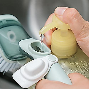 CQT Soap Dispensing Dish Brush Storage Set, Dish Scrubber with Handle, Kitchen Washing Brush for Pot Pan Sink Cleaning, Kitchen Brush with Holder and 1 Replaced Scouring Pad Head