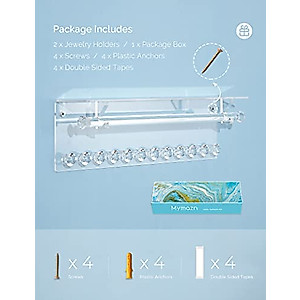 Mymazn 2 Pack Acrylic Necklace Holder with Shelf, 12 Diamond Shape Hooks and Removable Bracelet Rod, Wall Mounted Jewelry Organizer Hanging Jewelry Rack Clear Jewelry Hangers for Necklace, Bracelet