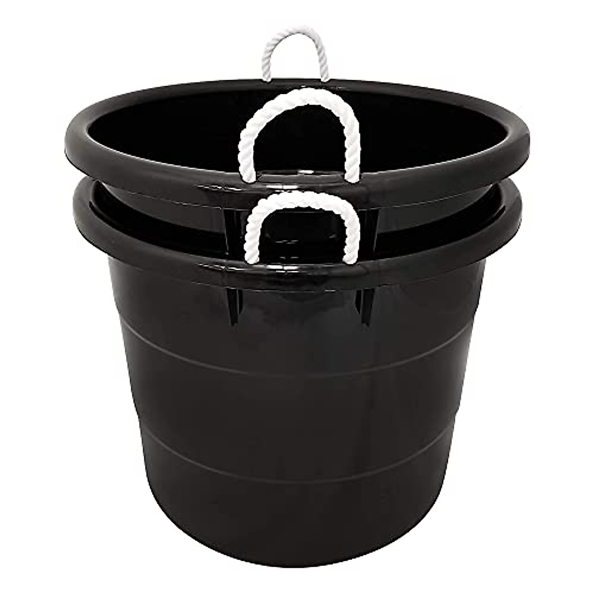 Homz 18 Gallon Plastic Multipurpose Utility Storage Bucket Tub with Strong Rope Handles for Indoor and Outdoor Use, Black, (2 Pack)