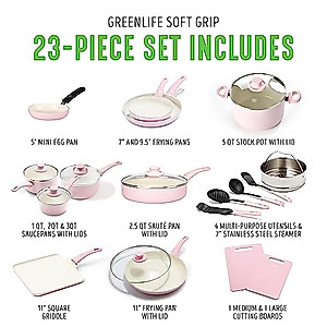 GreenLife Soft Grip Healthy Ceramic Nonstick 23 Piece Kitchen Cookware Pots and Frying Sauce Saute Pans Set with Kitchen Utensils, PFAS-Free, Dishwasher Safe, Pink