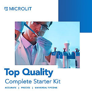 MICROLIT - Complete Starter Kit, Pipettes with 0.5-10ul, 10-100ul, 100-1000ul and 1-10ml Liquid Capacity, 4-Piece Set of Pipettes with a Carousel Stand and Compatible Micropipette Tips