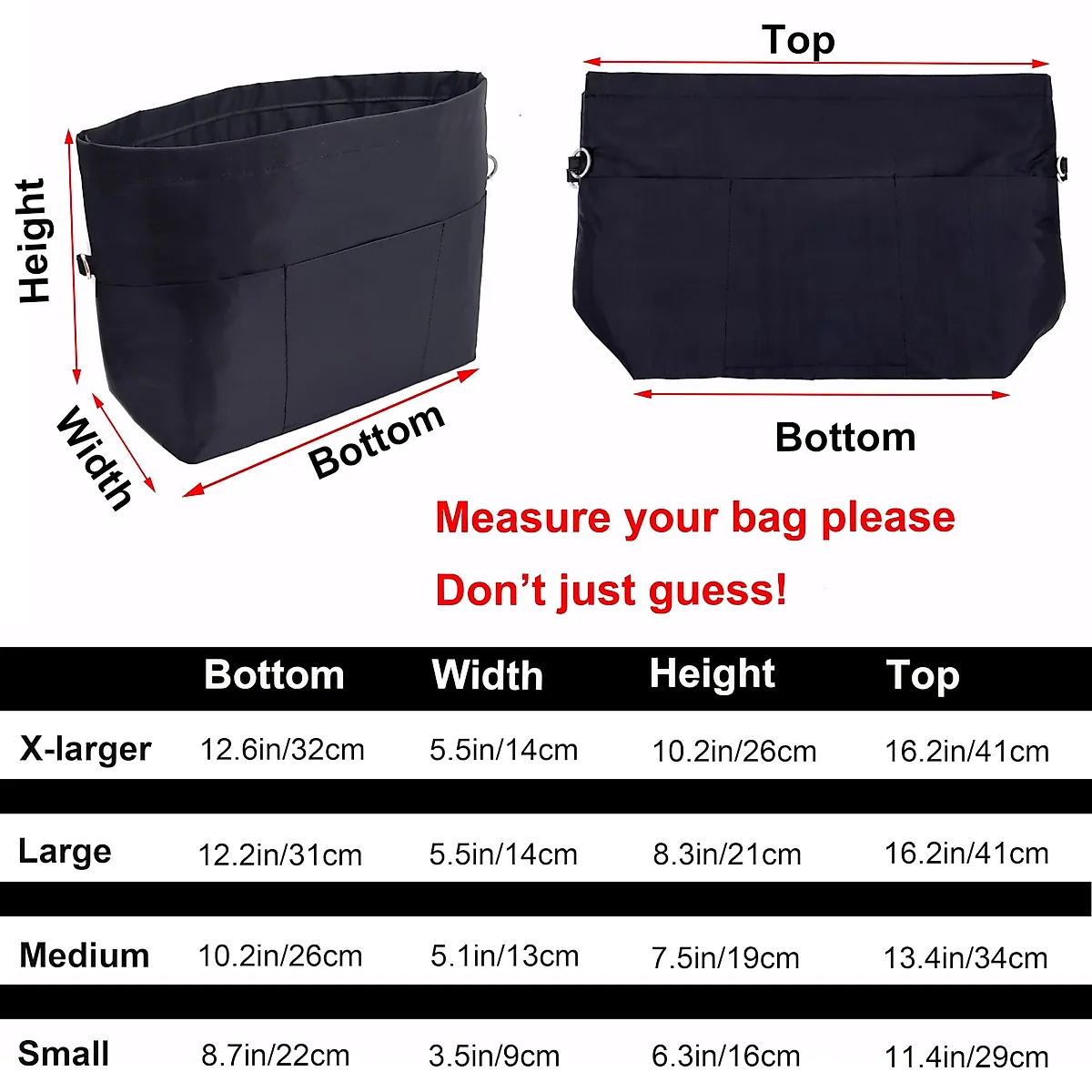 Time Wing Handbag Tote Purse Organizer Insert Bag Liner Shaper Divider Zipper 11 Pockets Compartments Medium Black