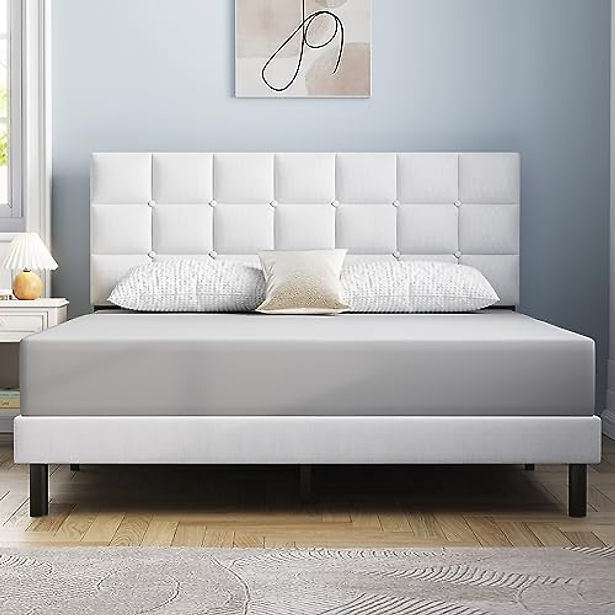 Molblly Full Bed Frame Upholstered Platform with Headboard and Strong Wooden Slats, Non-Slip and Noise-Free,No Box Spring Needed, Easy Assembly,White