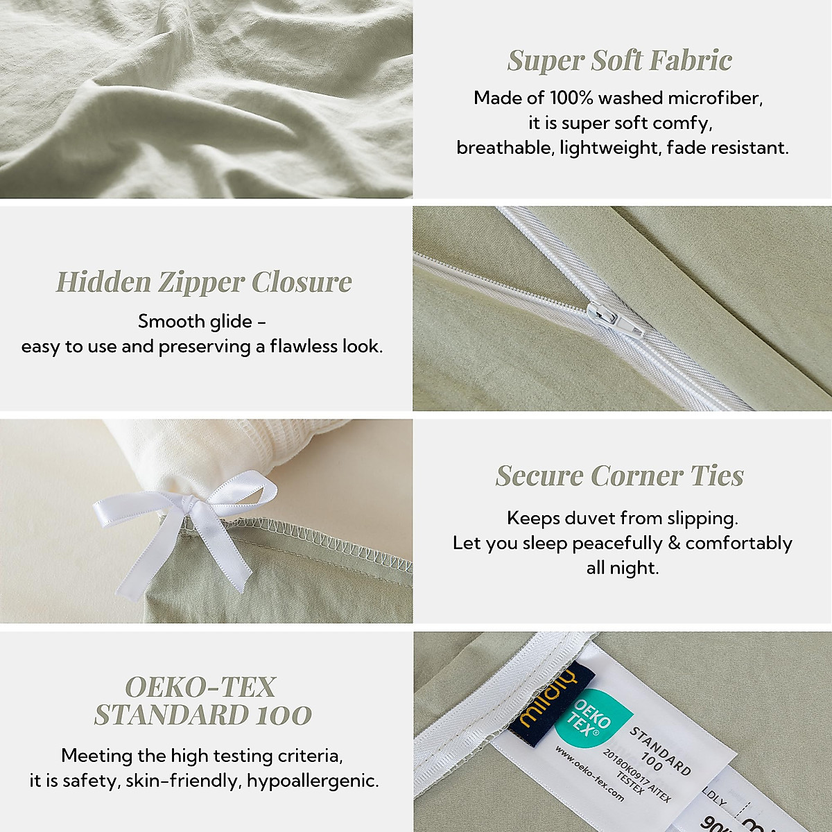 MILDLY Super Soft Duvet Cover - 100% Washed Microfiber October Mist Sage Comforter Cover Set 3 Pieces with Zipper Closure & Corner Ties (No Comforter)