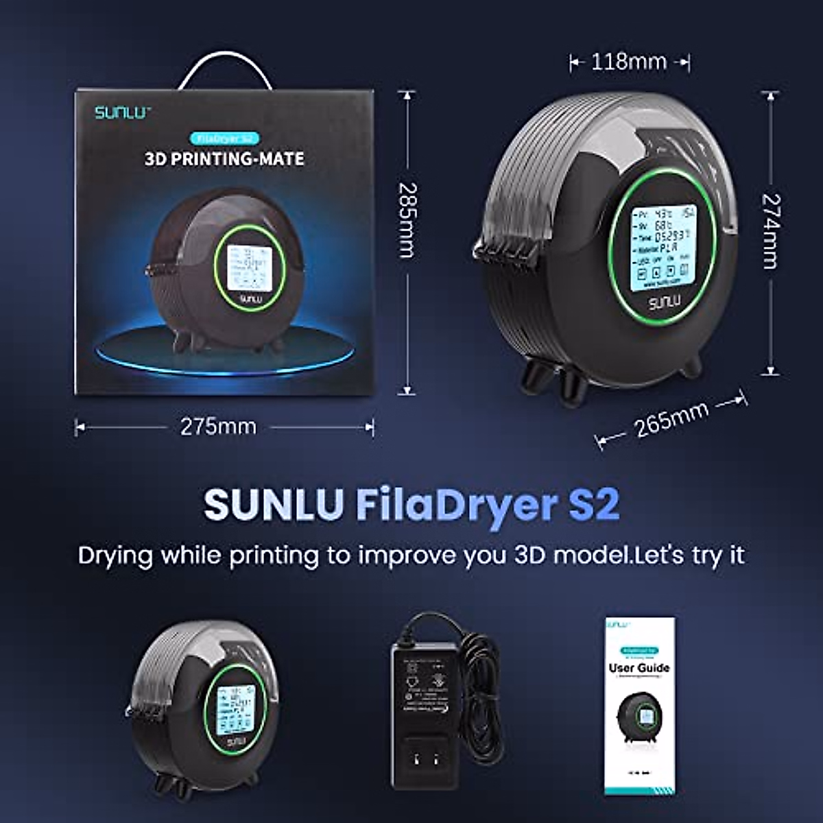 [SUNLU Manufacturer] 3D Printer Filament Dryer with Fan, Upgraded Filament Dry Box S2, 3D Printer Filament PLA PETG ABS TPU Nylon PA Storage Dehydrator Box, 360° Surround Heating, FilaDryer S2, Black