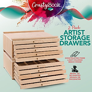 CraftyBook Artist Storage Drawers 2 Pack - 5 Drawer Art Supplies Chest Artist Organizer - Beech Wood Sketch Drawing Supply Storage Box with Removeable Dividers for Pencils, Pens, Paints, and Pastels