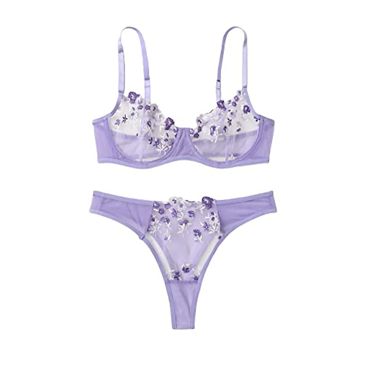 WDIRARA Women's Floral Embroidery Underwire 2 Piece Lingerie Set Mesh Bra and Panty Set Purple M