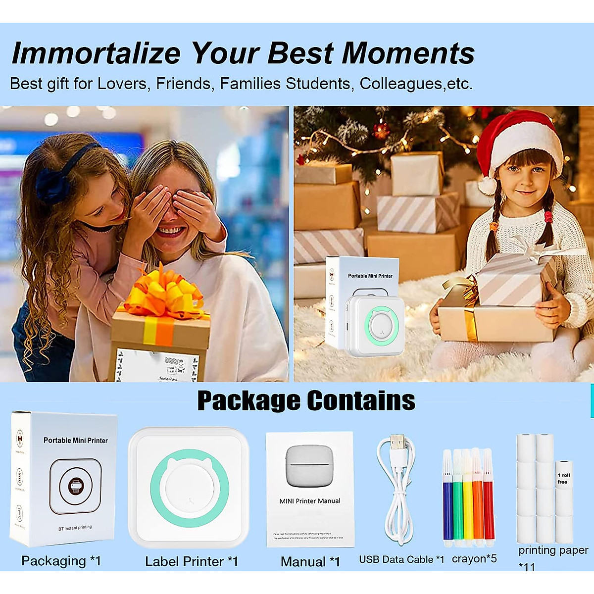 Portable Pocket Printer, Mini Bluetooth Thermal Mobile Printers with 10 Rolls Printing Paper and 5 Colored Pens Compatible with Android iOS, Inkless Printing Gift for Study Office Receipt Photo Notes