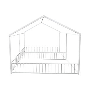 PVWIIK Double Montessori Floor Bed with Fence & Roof for Two Kids Teens Boys Girls,Twin Floor Bed,Easy Assemble,No Box Spring Needed, White