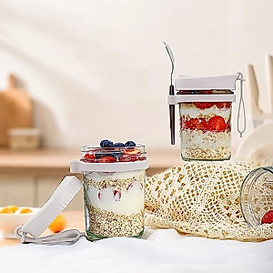 SMARCH Newest Overnight Oats Container with Lid and Spoon, 16 oz Glass Mason Jars with Lid, Upgrade Airtight Wide Mouth Oatmeal Jars for Meal Prep,Candy,Milk,Cereal,Fruit,Overnight Oats On The Go Container (White)