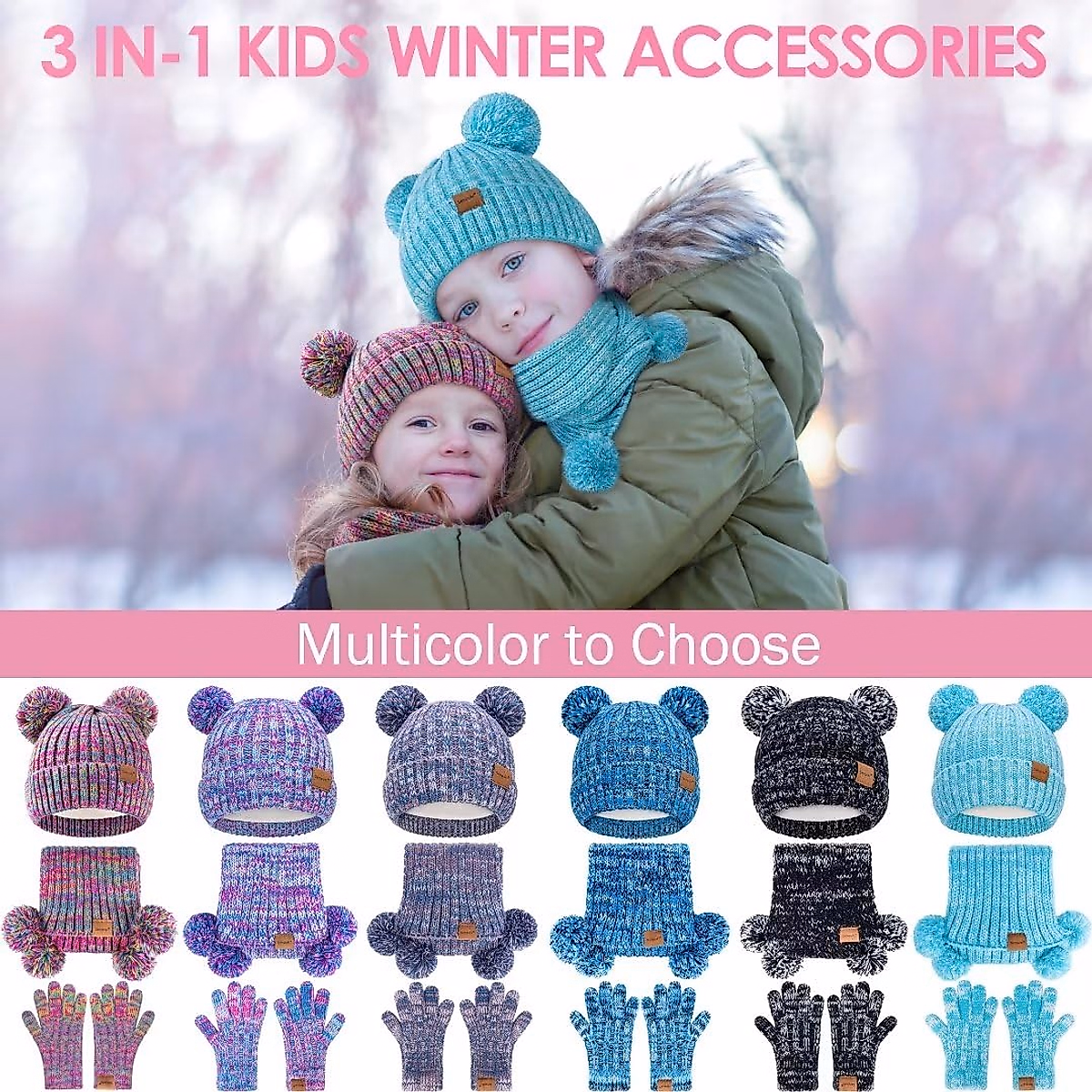 SENPUKI Kids Winter Hat Gloves Scarf Set, Girls Toddler Children Beanie with Pom Knit Neck Warmer Gaiter Mittens Fleece Lined Set