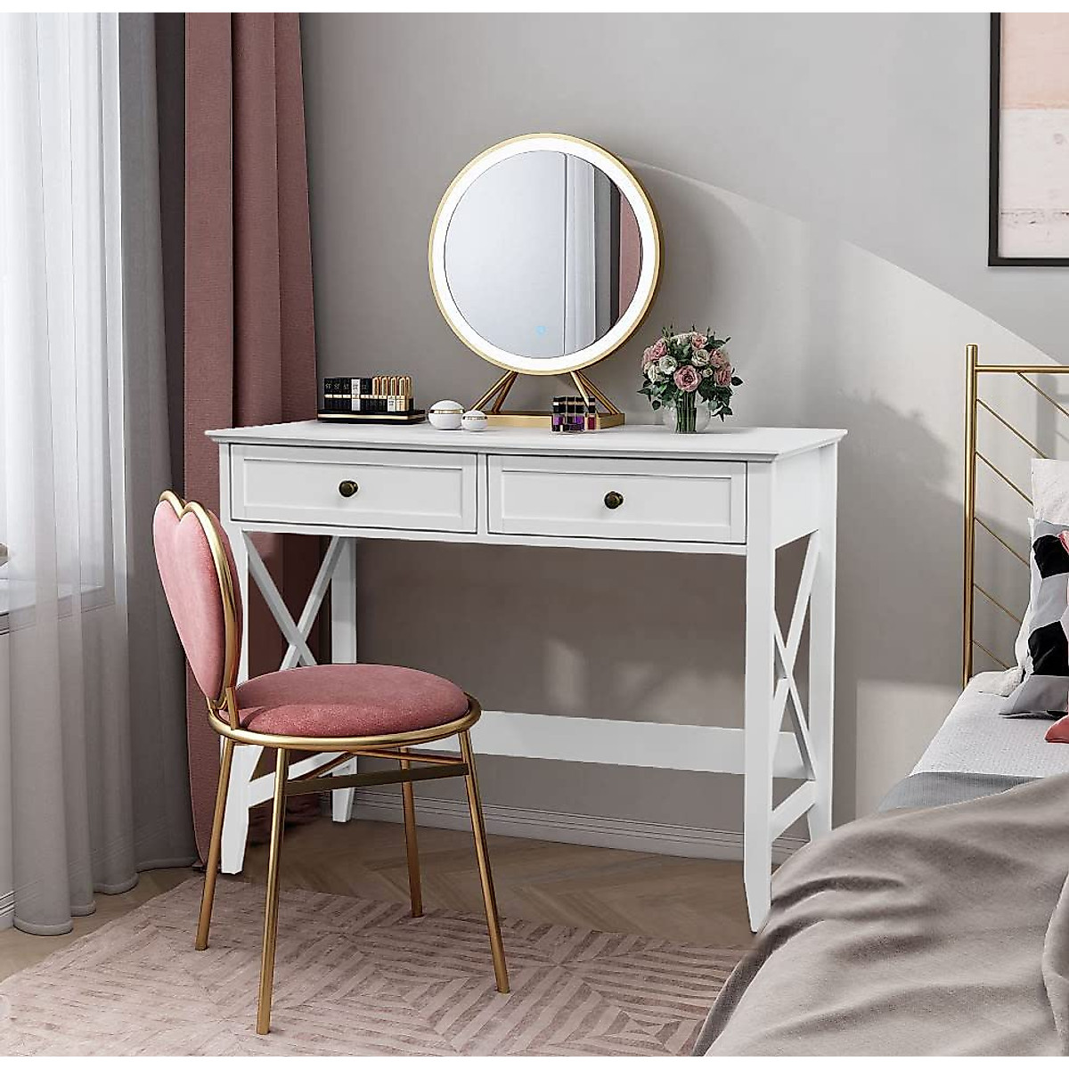White Computer Desk with 2 Drawers, Modern Makeup Vanity Desk with Storage, Writing Desk for Home Office, 42'' Long Study Simple White Desk for Bedroom Console Table Living Room