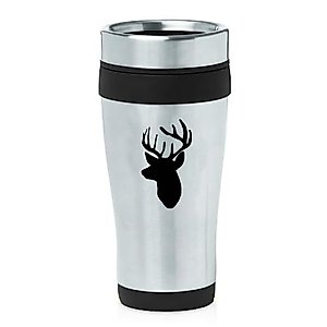 16oz Insulated Stainless Steel Travel Mug Coffee Mug Tumbler Deer Head with Antlers Hunting (Black)