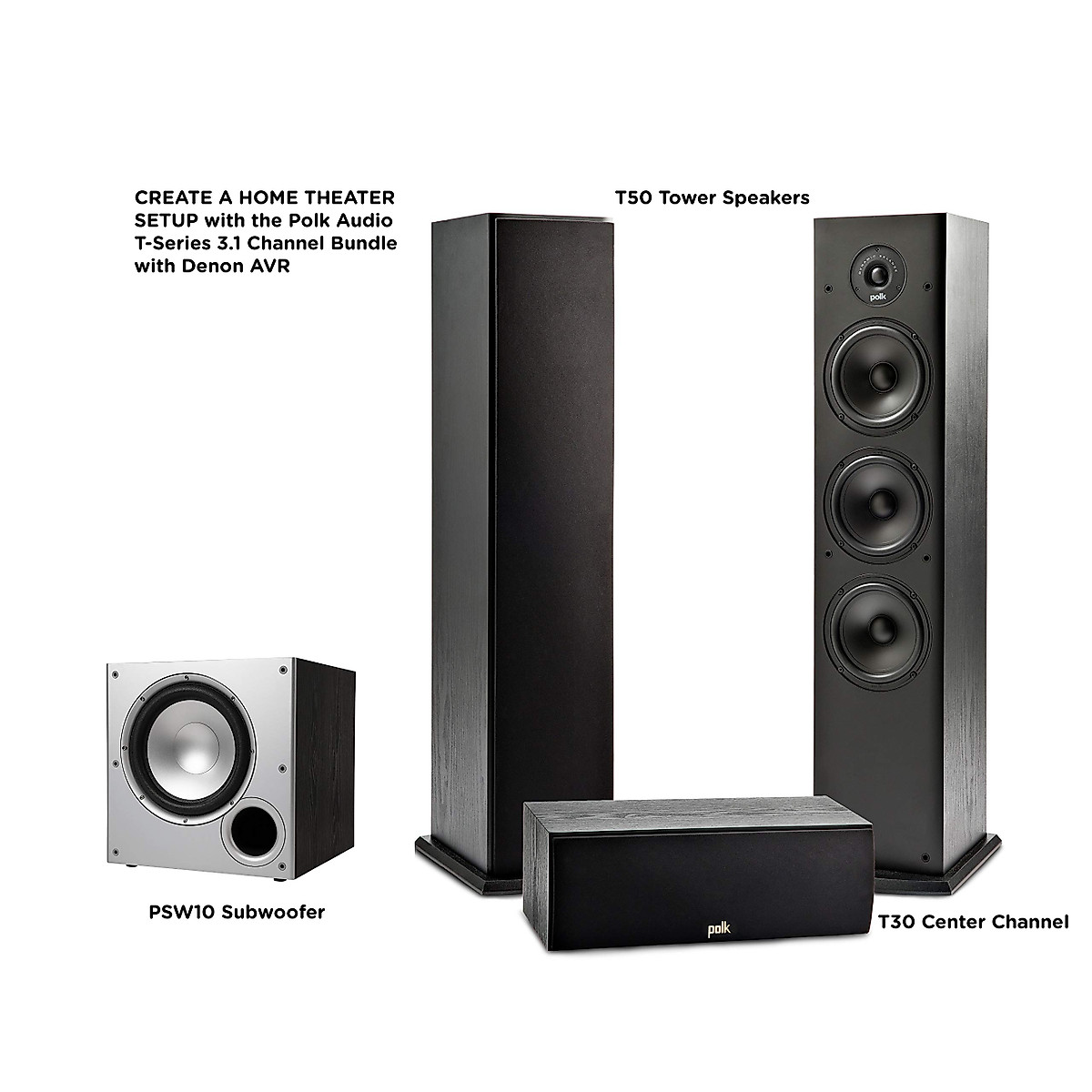 Polk Audio T Series 3.1 Channel Complete Home Theater System with Powered Subwoofer | One (1) T30 Center Channel, Two (2) T50 Tower Speakers | Wi-Fi, Alexa, HEOS Built-in