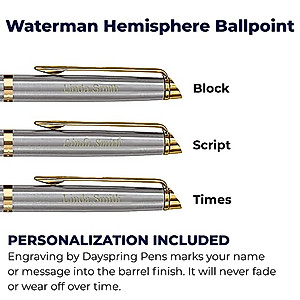 Dayspring Pens Personalized Waterman Pen | Engraved Waterman Hemisphere Stainless Gold Trim Ballpoint Pen. Personalized and Shipped in One Business Day