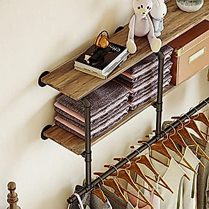 MAIKAILUN Wall Mounted Clothes Rack with Shelf, 52" Long Industrial Pipe Clothing Rack with 2 Tier MDF Shelves Heavy Duty Iron Garment Rack Bar,Retail Display Clothes Rod for Clothes,Laundry Room