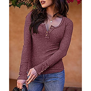 Saodimallsu Womens V Neck Long Sleeve T Shirts Button Down Henley Shirts Ribbed Casual Plain Tops Blouse Tees Dark Pink
