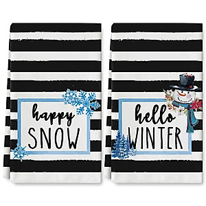 AnyDesign Hello Winter Kitchen Towel White Black Stripe Dish Towel Christmas Snowman Snowflake Happy Snow Tea Towel Xmas Hand Drying Towel for Farmhouse Cooking Baking, 18 x 28 Inch, 2 Pack