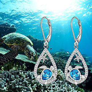 Sea Turtle Earrings for Women Sapphire Jewelry Animal Lover Gifts S925 Sterling Silver Ocean Zirconia Starfish Hoops Blue Dangle Earrings for Friends Sister Mom