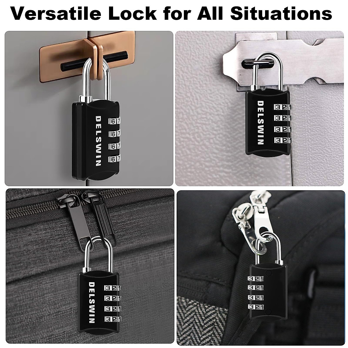 DELSWIN Small Combination Lock for Locker, 4-Digit Mini Combo Lock for Backpack and Luggage, Combination Padlock for School Gym Locker (Pack of 4)