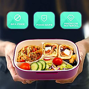 Bento Box, Upgraded Leakproof Lunch Box for Kids Adults, Food Container with 4 Compartments, Cutlery and Fruit/Yogurt Pot Set, Microwave and Dishwasher Safe Meal Prep Containers, 1.7L