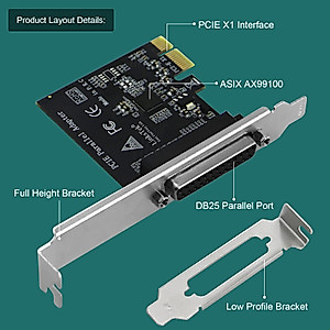 LinksTek 1-Port PCI Express Parallel Card for Printers, IEEE 1284 Standard DB25 LPT PCIE Parallel Port, Supports IEEE 1284 SPP, Nibble, Byte and ECP Mode, PCIE DB25 Parallel Port Card (PCIE-PA1)