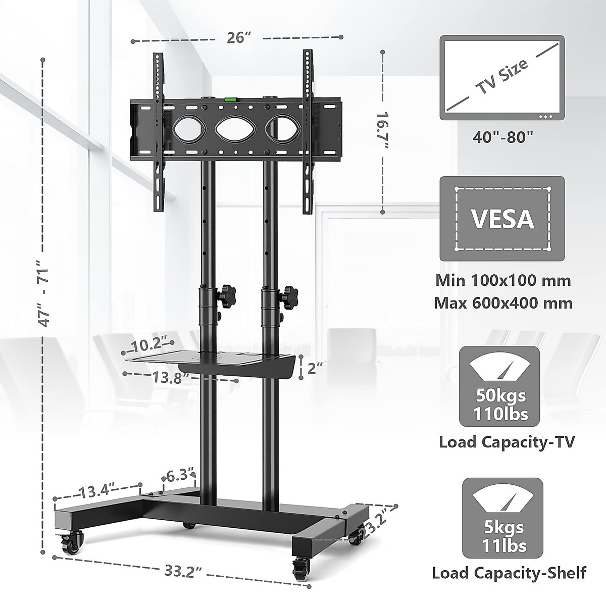 TVON Mobile TV Cart with Wheels for 40-80 Inch LCD LED OLED Flat Curved Screen TVs, Height Adjustable Rolling TV Stand Holds up to 110 lbs, Outdoor TV Stand Trolley Max VESA 600x400mm