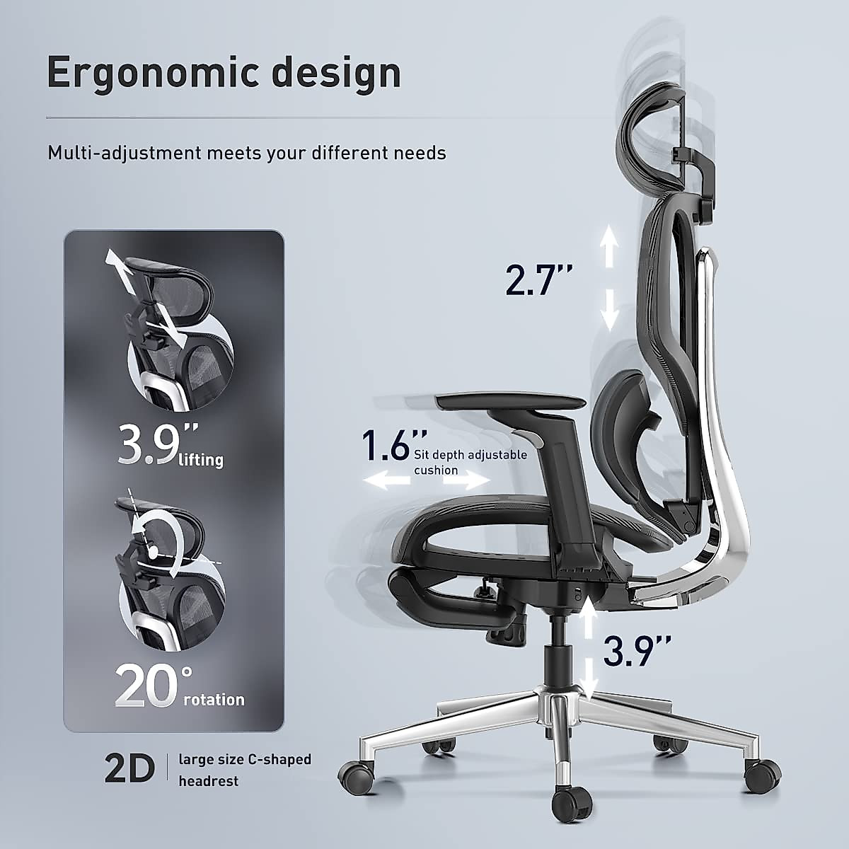 Hbada Ergonomic Office Chair with Elastic Adaptive Lumbar Support, High Back Office Chair with High-Density Mesh, Backrest Height Adjustable Desk Chair with 3D Armrests and Footrest, Black