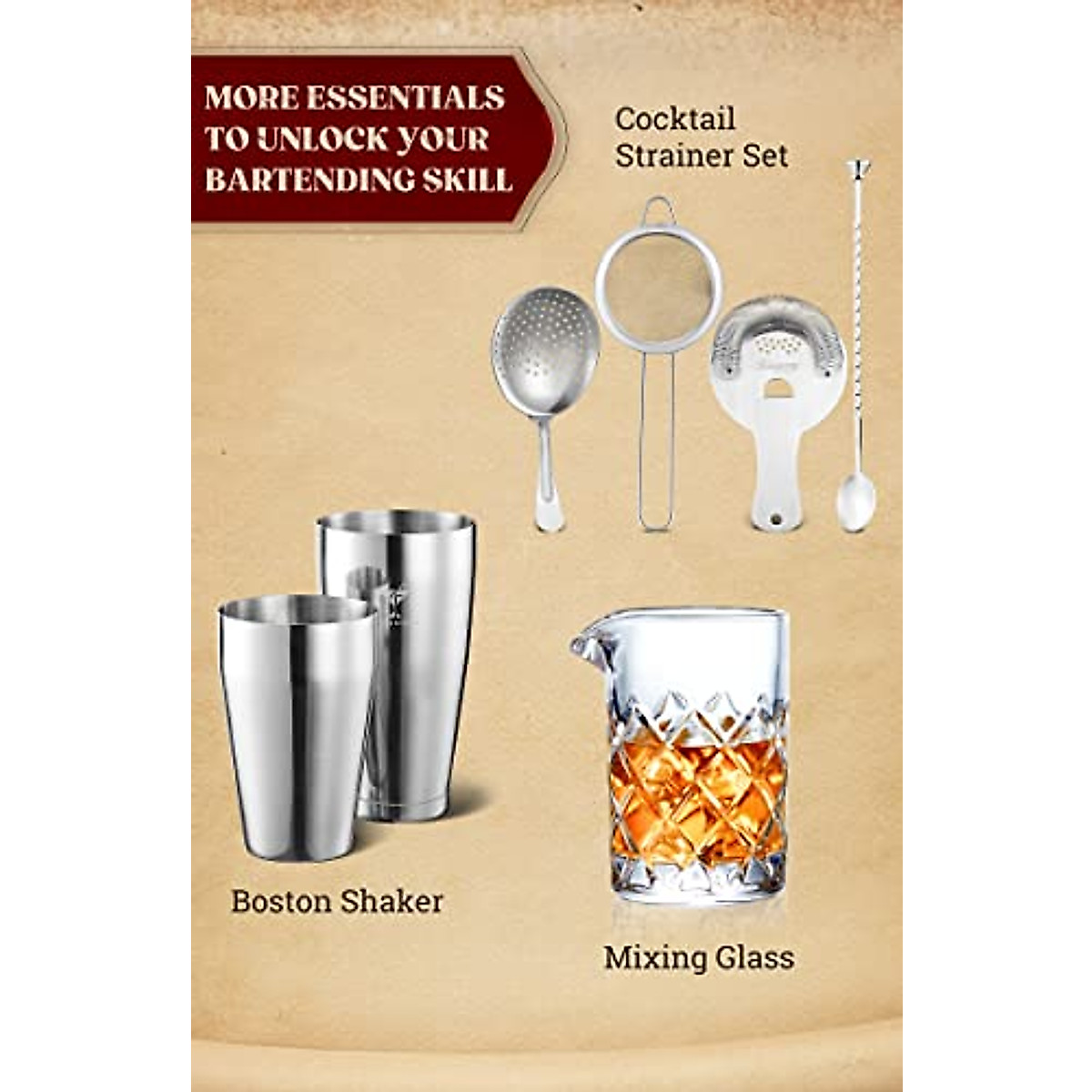 KITESSENSU Cocktail Strainer Set, 4 Pcs 18/8 Stainless Steel Bar Tools with Stirring Spoon- Hawthorne Strainer, Julep Strainer, Fine Mesh Strainer