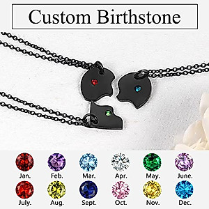 U7 Best Friend Necklace Set for 3 People Black Color Heart Puzzle Pieces Pendant Custom Engraved BFF Necklaces Friendship Family Member Gift with Birthstones