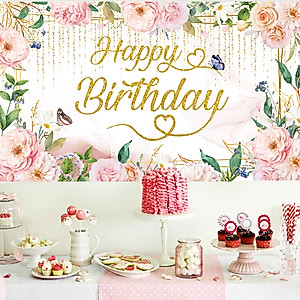 SMENGGIL Florals Happy Birthday Banner Backdrop Flowers Plants Butterfly Photography Background Hanging Pink Gold Green Birthday Party Decoration Supplies for Girls Womens Birthday Decor 72.8*43.3in