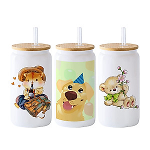 YOUKE OLA 8 Pack Sublimation Blank White Glass Cans Sublimation Beer Glass Cups with Bamboo Lids Borosilicate Glasses Tumbler Mason Jar Cups Mug with Glass Straw for Beer, Juice, Drinks 16oz White