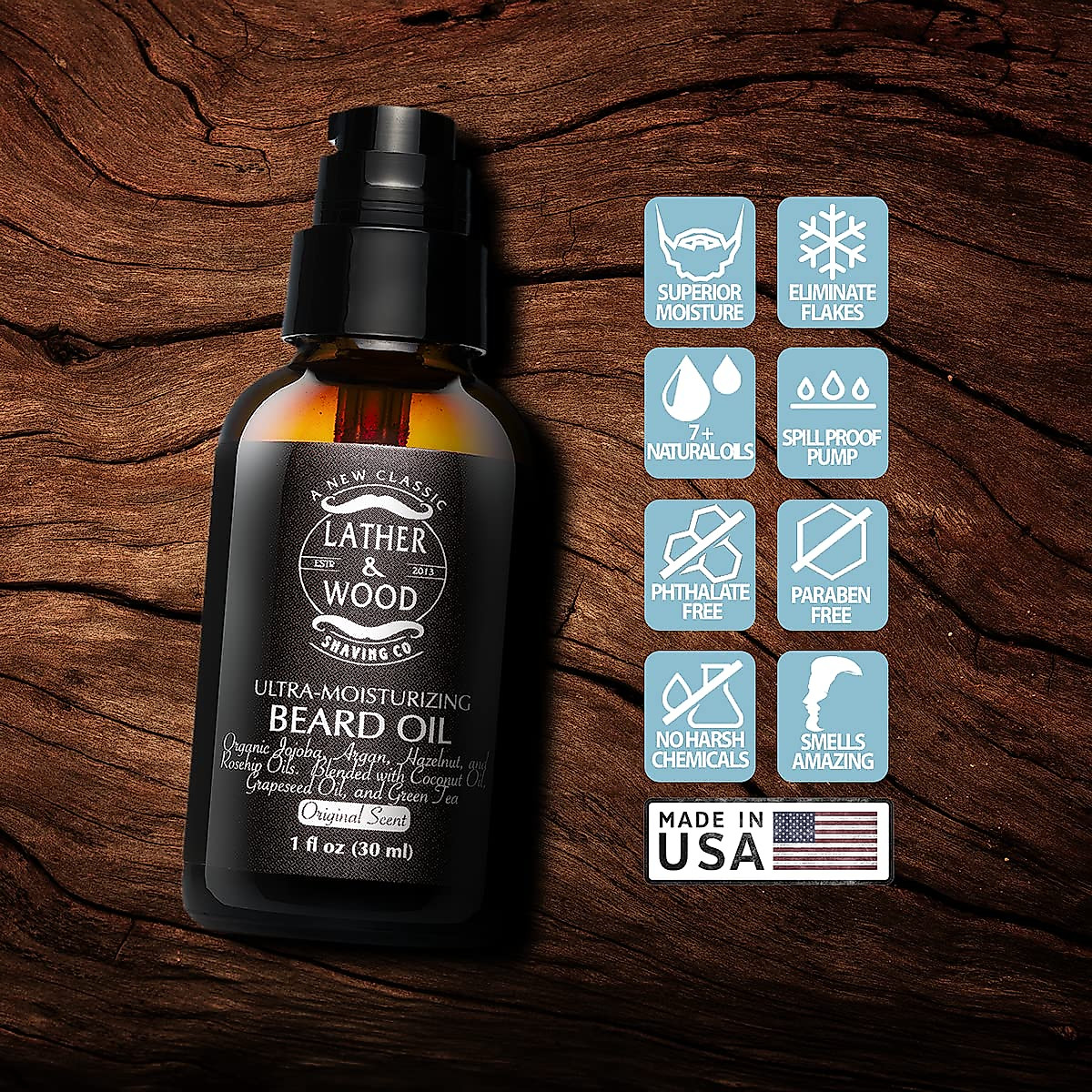 Lather & Wood Beard Oil For Men - Premium Blend - Spill-proof Pump - Original Scent - 1oz