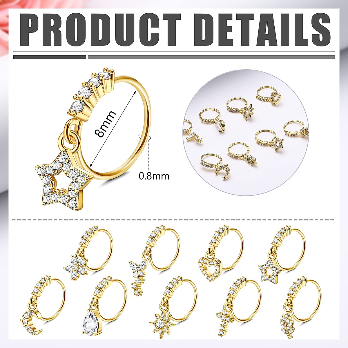 ORAZIO 9Pcs Dangle Nose Rings Dangling Nose Hoops 20G Nose Rings for Women, cubic-zirconia