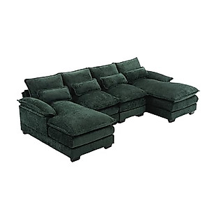 U Shaped Modular Sectional Sofa with Double Chaise, Comfy Chenille Upholstery Cloud Couch, Large Overstuffed Sleeper Sofá with Wooden Legs & Memory Foam for Living Room Furniture Sets