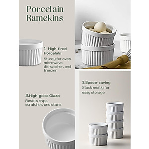 DOWAN Ramekins 8 oz Oven Safe with Lids, Creme brulee Ramekins Bowls with Covers, Porcelain White Ramekins Souffle Dishes for Baking, Stackable, Set of 6