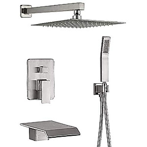 DMDMBATH Shower System Brushed Nickel Shower Faucet Set 3-Function Bathroom Shower Fixtures with Waterfall Tub Spout Wall Mount 10 inch Rain Shower Head (Brushed Nickel)…