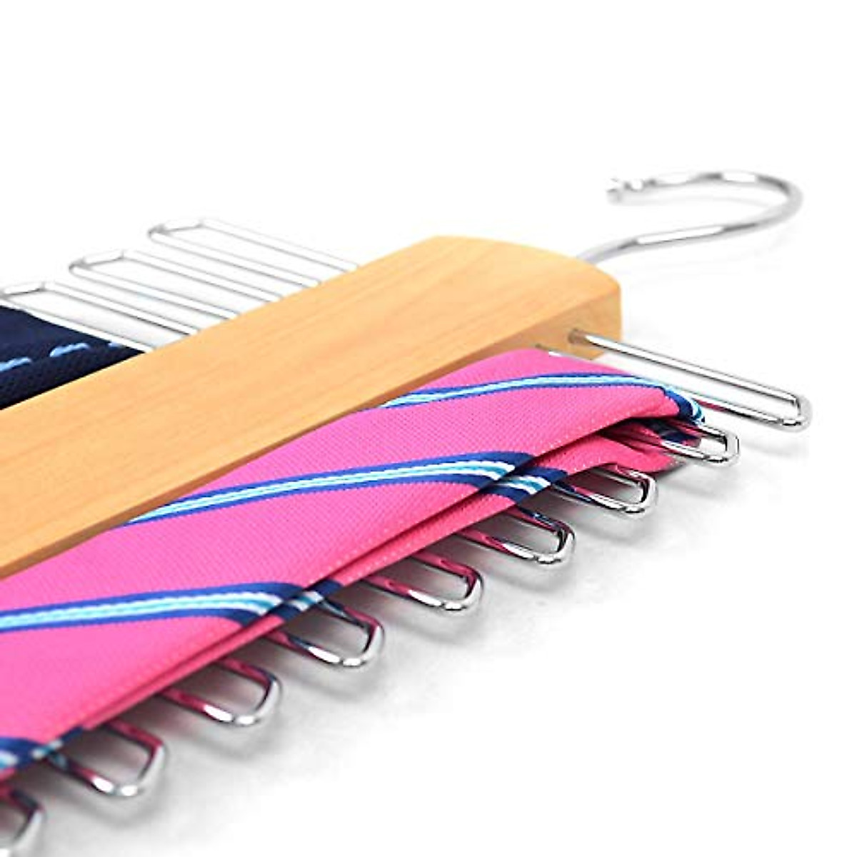 Umo Lorenzo Premium Wooden Necktie and Belt Hanger, Walnut Wood Center Organizer and Storage Rack with a Non-Slip Finish - 20 Hooks