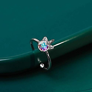 AOBOCO Sterling Silver Unicorn Ring, Aurore Boreale Crystal from Austria, Hypoallergenic Adjustable Open Ring, Anniversary Birthday Unicorn Jewelry Gifts for Women Daughter Girlfriend