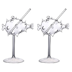Angoily Creative Puffer Fish Cocktail Glasses Set of 2, Clear Puffer Fish Shaped Drinks Cups 280ml Wine Glasses for Party Novelty Mushroom Glasses Drinking for KTV Bar Club Restaurant