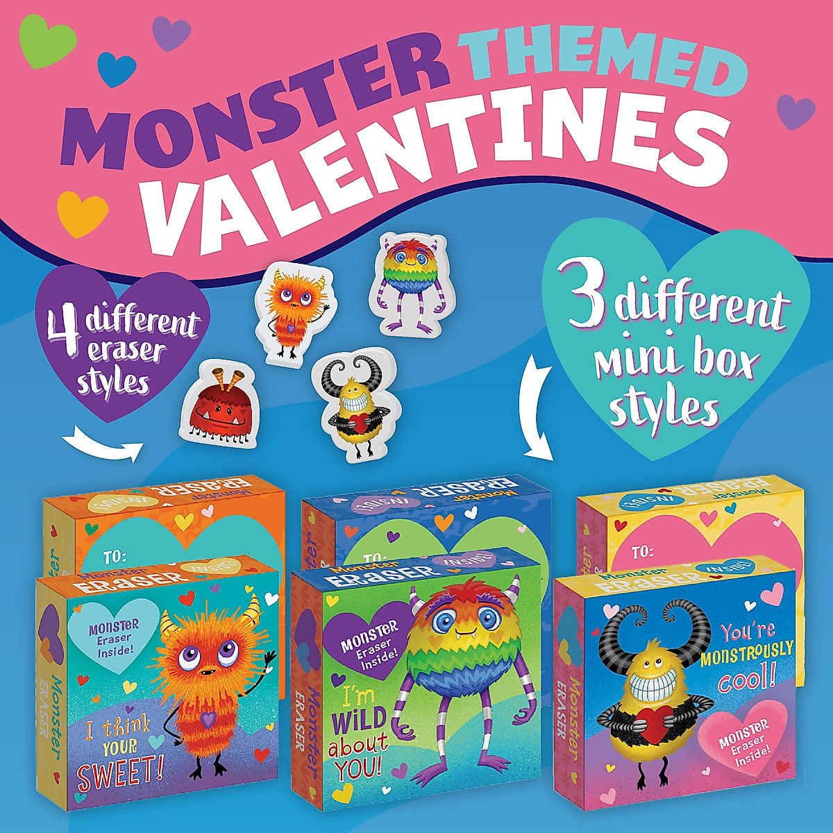 Peaceable Kingdom Valentines Cards for Kids Classroom, Set of 28 Valentines Day Gifts - Monster Erasers