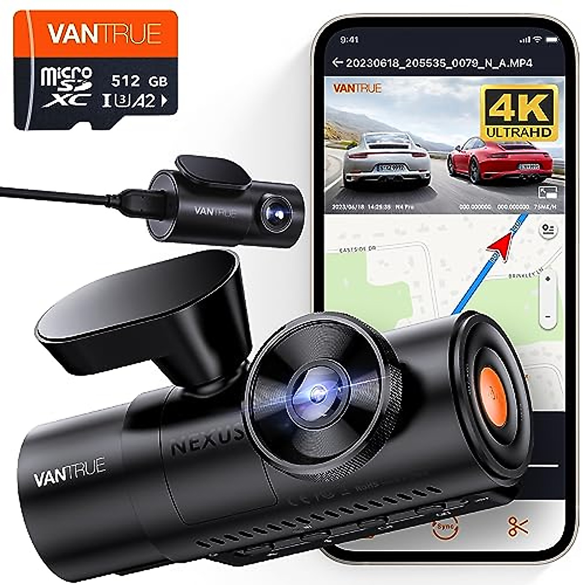 [ Bundle-2 Items: Vantrue N4 Pro 4K 3CH + Vantrue 512GB SD Card ] True 4K Wi-Fi 3-Channel Dashcam, STARVIS 2 IMX678 Night Vision, Infrared Cabin Camera, Voice Control GPS Car Cam for for Uber Drivers