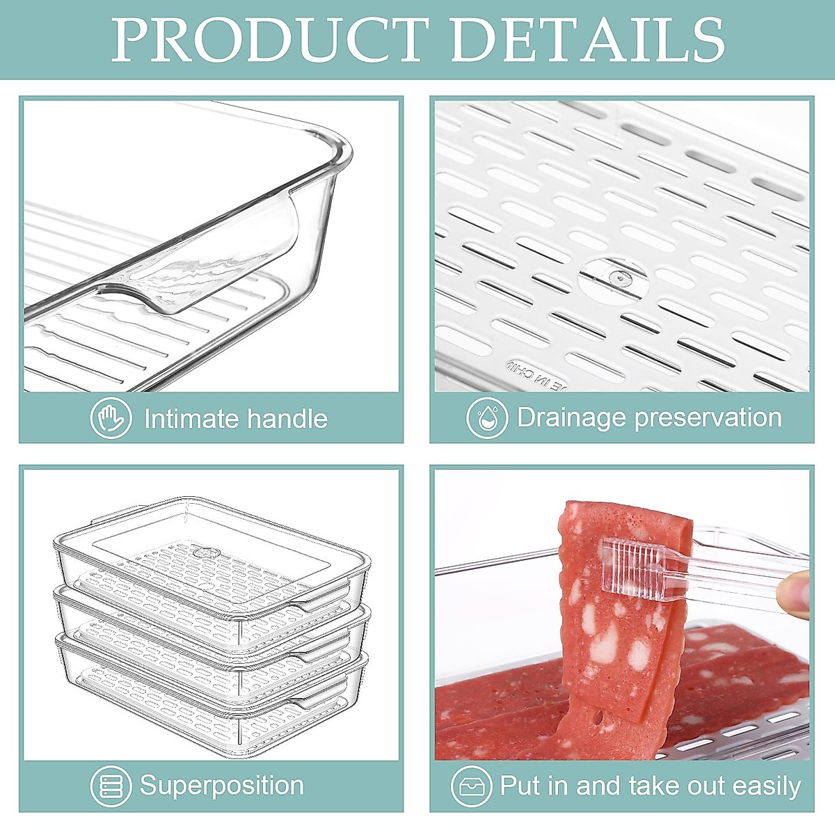 Furbeko 3 Pcs Bacon Keeper Deli Meat Container for Fridge Bacon Holder Bacon Storage Container with Lids for Refrigerator Plastic Cold Cuts Cheese Storage Organizer Bacon Saver with 3 Serving Tongs