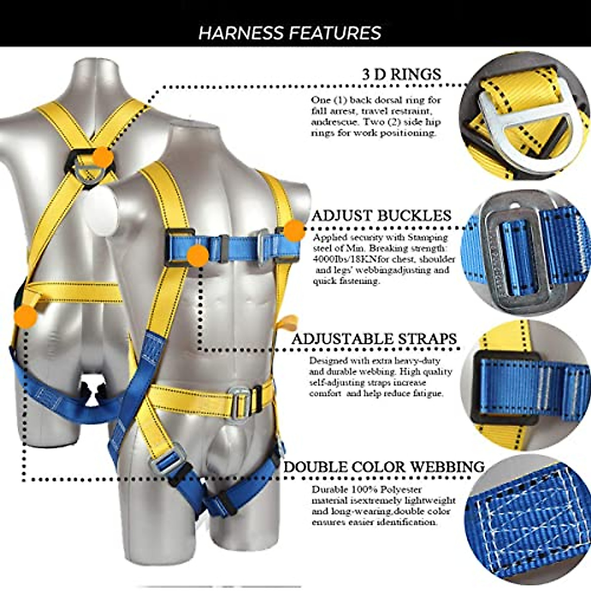 Ymachray Fall Protection Safety Harness OSHA/ANSI Compliant,internal Shock Absorbing landyard&Hook