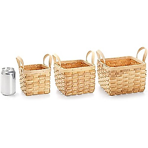 Okllen Set of 3 Small Woodchip Basket with Handles, Wooden Woven Baskets Handmade Wicker Baskets, Empty Storage Basket Container for Organizing Pantry, Closet, Toy, Wedding Stuff, Square, 3 Sizes
