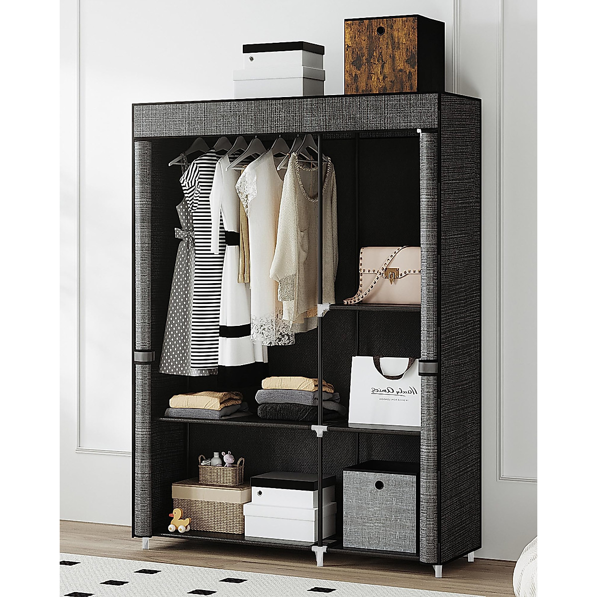 Hzuaneri 47.6-inch Closet Wardrobe, Portable Closet for Bedroom, 2 Clothes Rail with Non-Woven Fabric Cover, Clothes Storage Organizer, 5 Compartments, Black WO0503BC